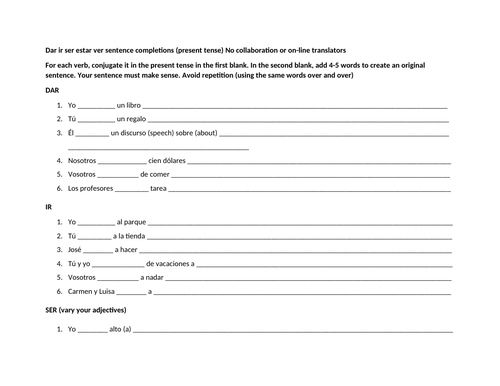Dar ir ser estar ver sentence completion practice | Teaching Resources