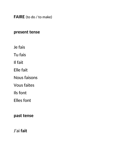 GCSE verb revision 'faire' conjugation of present and past tense ...