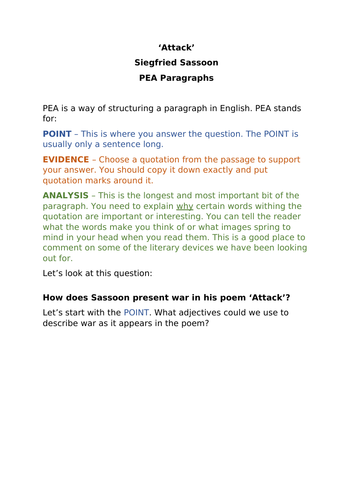 Poetry PEA Paragraph Practice - Sassoon's 'Attack' | Teaching Resources