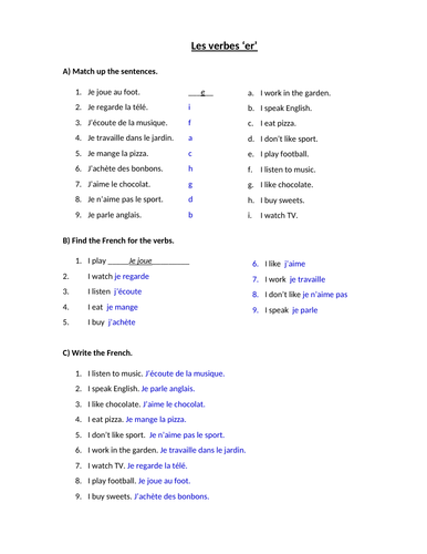French present tense 'er' verbs and activities | Teaching Resources