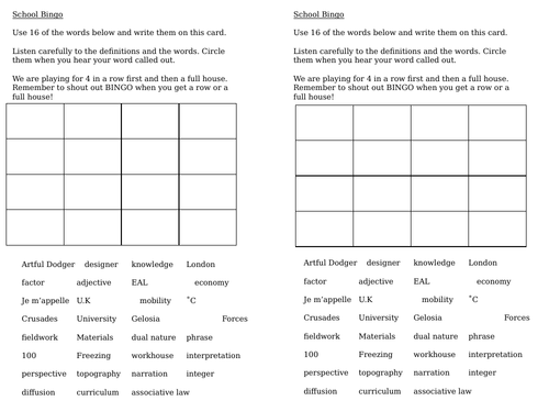 School Bingo - Vocabulary - KS3 EAL | Teaching Resources