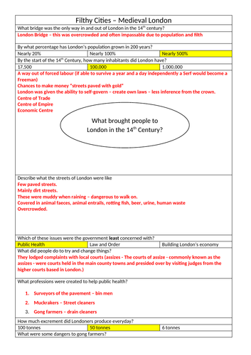 Dan Snow Filthy Cities Medieval London question sheet | Teaching Resources