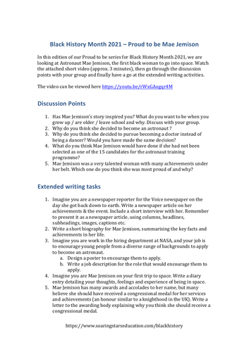 Proud to Be Mae Jemison KS2 Black History Month UK 2021 Primary ...