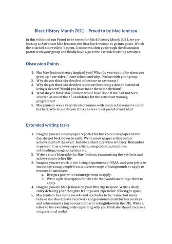 Proud to Be Mae Jemison KS2 Black History Month UK 2021 Primary ...