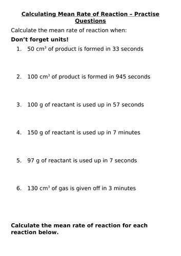 Calculating the mean rate of a reaction worksheet | Teaching Resources