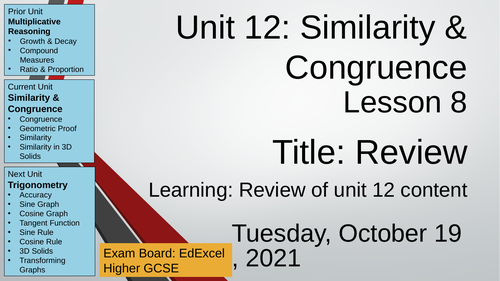 Edexcel GCSE Higher Unit 12 - Similarity & Congruence | Teaching Resources