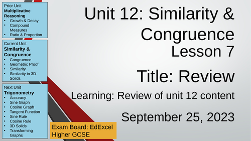 Edexcel GCSE Higher Unit 12 - Similarity & Congruence | Teaching Resources