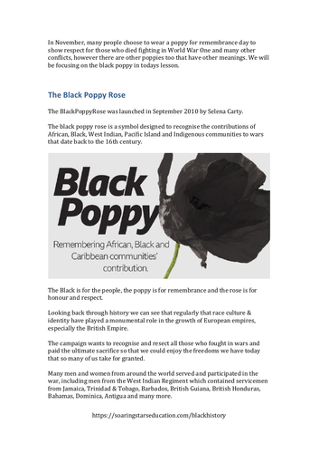 Black Poppy KS2 KS3 Whole Lesson Black History Month 2021 Remembrance ...