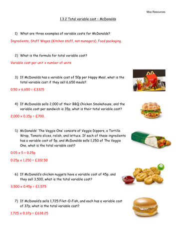 Edexcel GCSE 1.3.2 Cost practice question worksheet - McDonalds themed ...