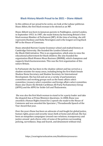 Black History English PSHE Citizenship Cross Curricular Diane Abbott ...