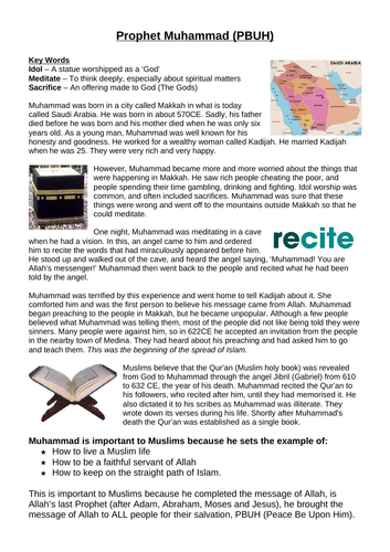 KS3 R.E Prophet Muhammad activity and info | Teaching Resources