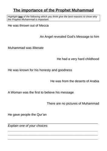 KS3 R.E Prophet Muhammad activity and info | Teaching Resources