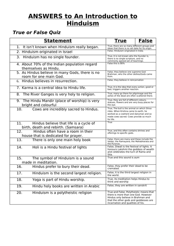 KS3 R.E Intro to Hinduism quiz and answers | Teaching Resources