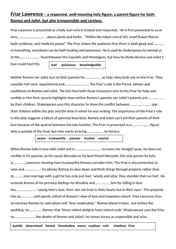 Detailed Gap fill /Cloze - Romeo & Juliet (Romeo/Mercutio/Friar ...