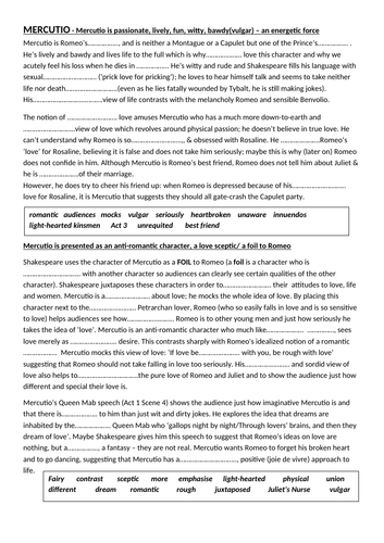 Detailed Gap fill /Cloze - Romeo & Juliet (Romeo/Mercutio/Friar ...