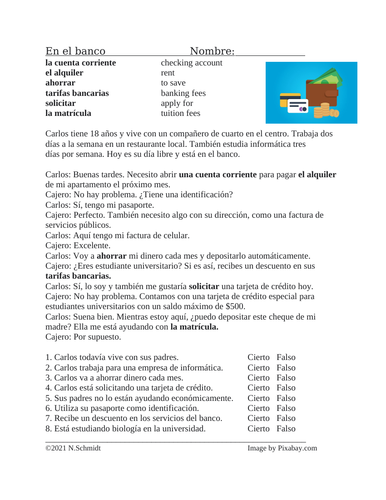 En el banco Lectura: Spanish Reading At the Bank | Teaching Resources
