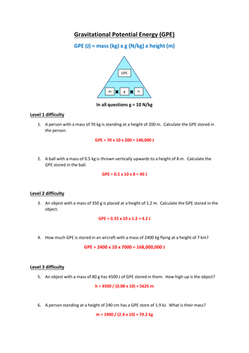 GCSE Physics Gravitational Potential Energy (GPE=mgh) Questions and ...