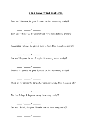 I can solve word problems subtraction within 20 | Teaching Resources