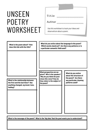 Unseen Poetry Worksheet - works with ANY poem! | Teaching Resources