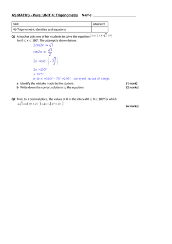 AS Maths 'unit test' pack | Teaching Resources