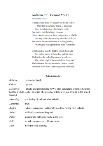 Anthem for Doomed Youth Poetry Comprehension | Teaching Resources