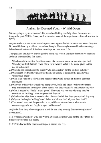 Anthem for Doomed Youth Poetry Comprehension | Teaching Resources