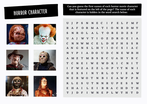 Horror Movie Word Search & Answers Sheet Spooky Activity Quiz ...