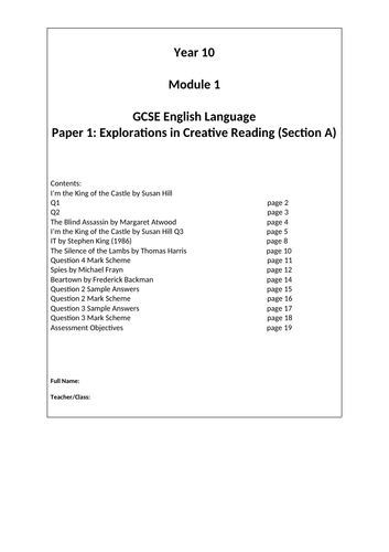 GCSE Language Paper 1 Section A sow | Teaching Resources