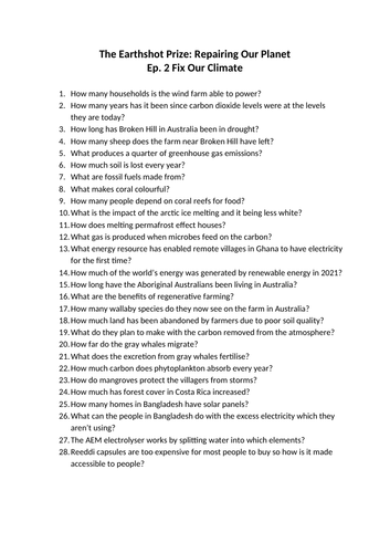 The Earthshot Prize: Repairing Our Planet Ep.2 Worksheet | Teaching ...