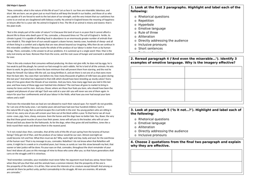 Animal Farm - Old Major's Speech | Teaching Resources