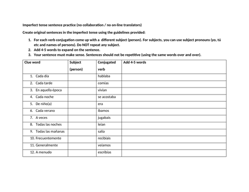 Imperfect tense original sentence practice | Teaching Resources