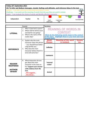 Reading Comprehension LIRA - Cosmic Text | Teaching Resources