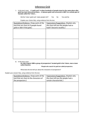 Reading Comprehension LIRA - Inference Grid - Refer to text - Gold Rush ...