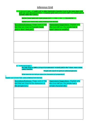 Reading Comprehension LIRA - Inference Grid - Refer to text - Gold Rush ...