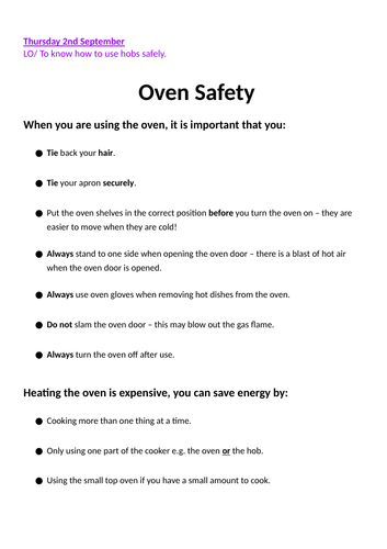 BTEC Level 1 Home Cooking Skills - Health and Safety SOW | Teaching ...