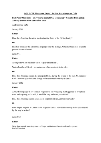 An Inspector Calls - past paper questions to 20215 | Teaching Resources