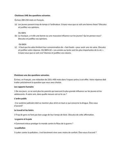 A level French mock essay questions - lesson plan /revision sheet ...
