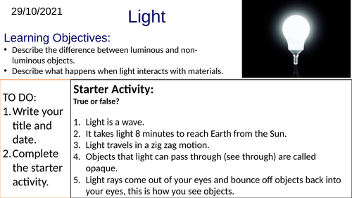 KS3 Physics Light Bundle: 6-Lesson Unit | Teaching Resources