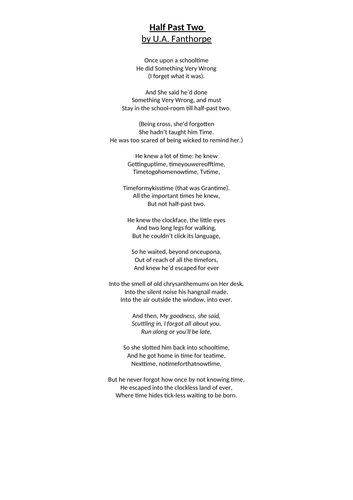 Unseen Poetry - Half Past Two by U.A. Fanthorpe | Teaching Resources