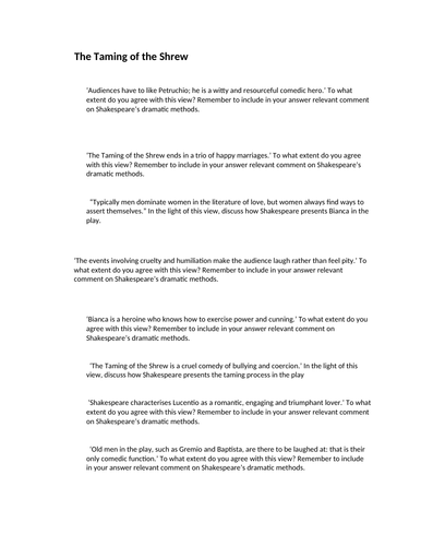 A level English Literature Mock Examination questions on THE TAMING OF ...