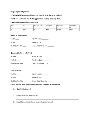 Irregular preterit practice | Teaching Resources