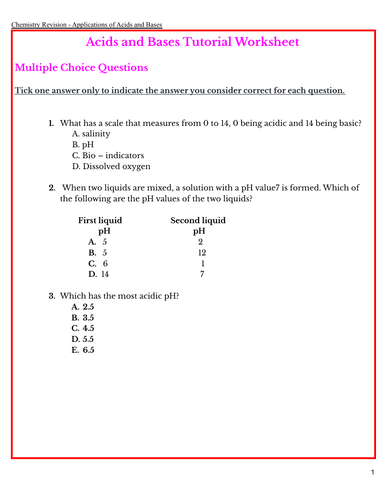 Applications of Acids and Bases Revision -Tutorial Worksheet | Teaching ...