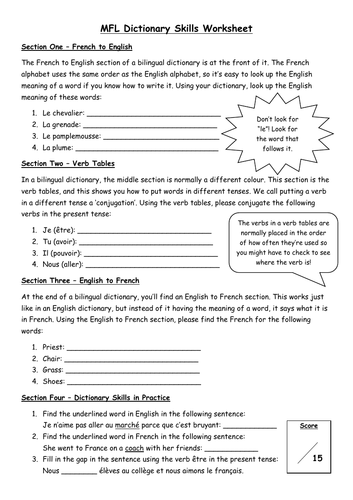 French Dictionary Skills Worksheet | Teaching Resources
