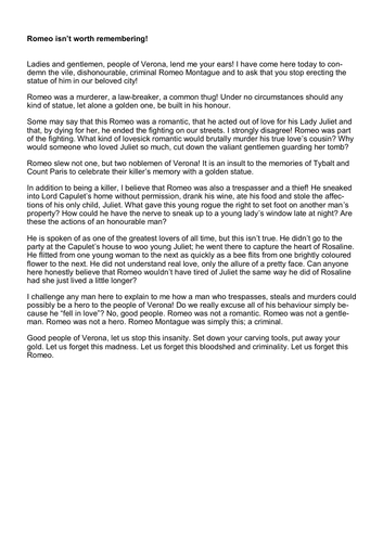 Romeo and Juliet - Persuasive Speech and Reading Questions - "Romeo isn ...