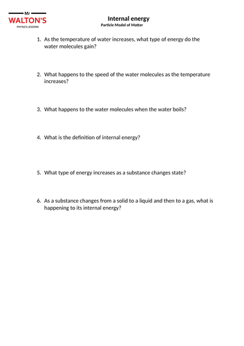 Internal Energy for GCSE Science worksheet for video | Teaching Resources