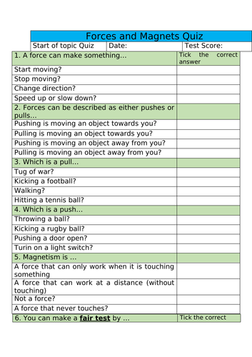 Year 3 FORCES AND MAGNETS - Science Knowledge Organiser, Quiz and Key ...