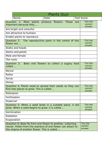 Year 3 PLANTS - Science Knowledge Organiser, Quiz and Key Words ...