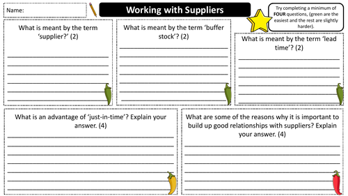 Working with Suppliers - Business Studies - Worksheet | Teaching Resources