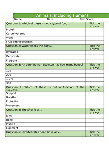 Year 3 ANIMALS, INCLUDING HUMANS - Science Knowledge Organiser, Quiz ...