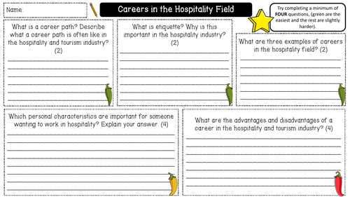 Careers in the Hospitality Field - Tourism and Hospitality - Worksheet ...